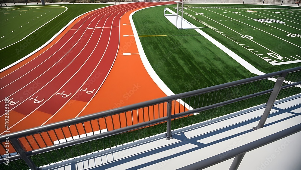 Modern sports facility featuring a vibrant red running track encircling ...