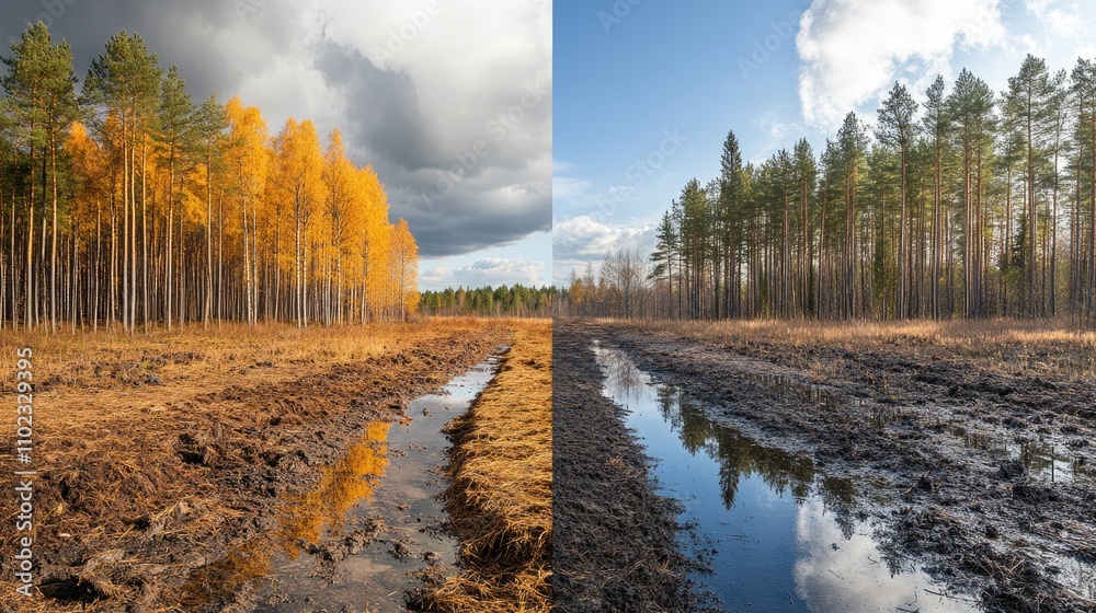 Before & After Autumn forest wetland comparison showing deforestation ...