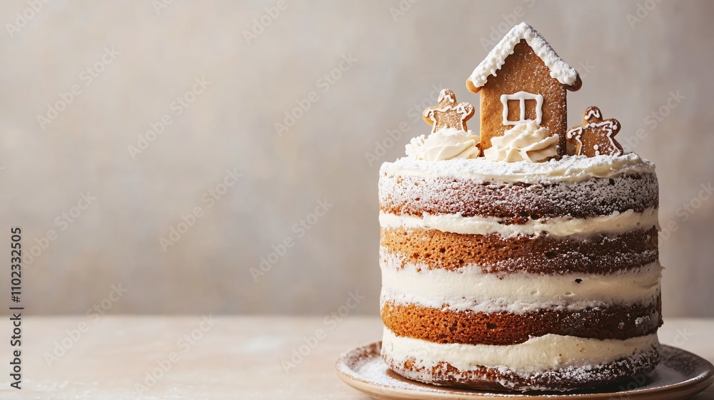 A rustic naked cake with layers of cream and spiced cake, topped with a ...
