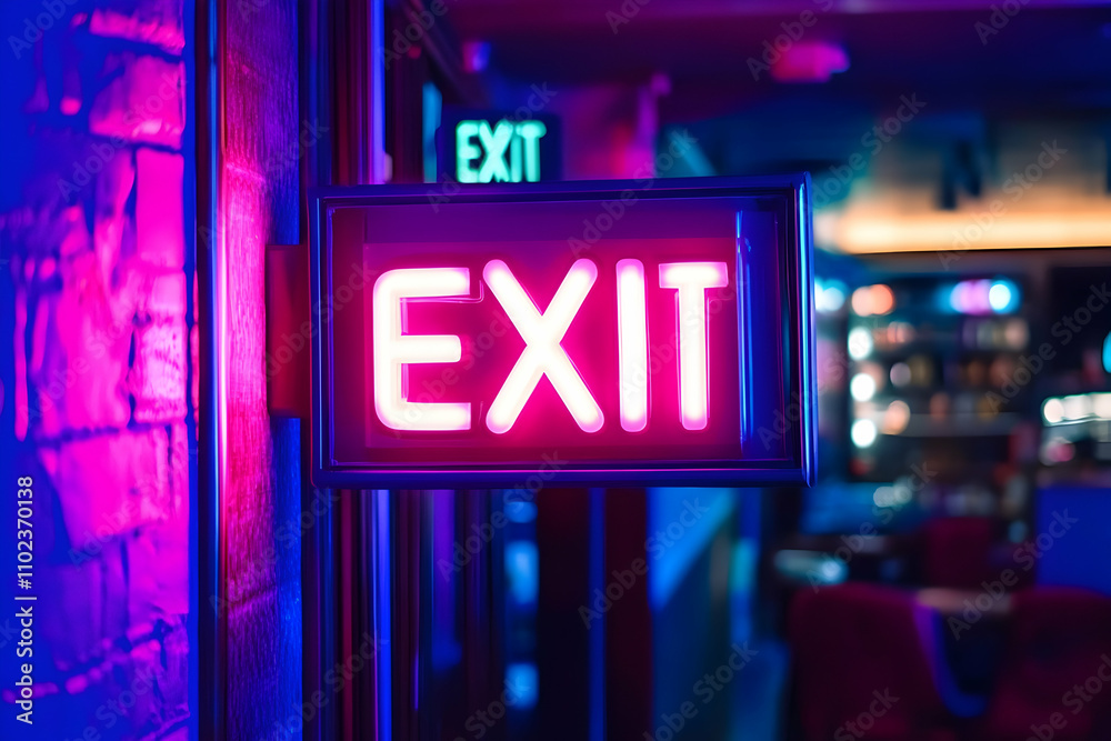 Neon lights illuminate a prominent exit sign in a lively entertainment ...