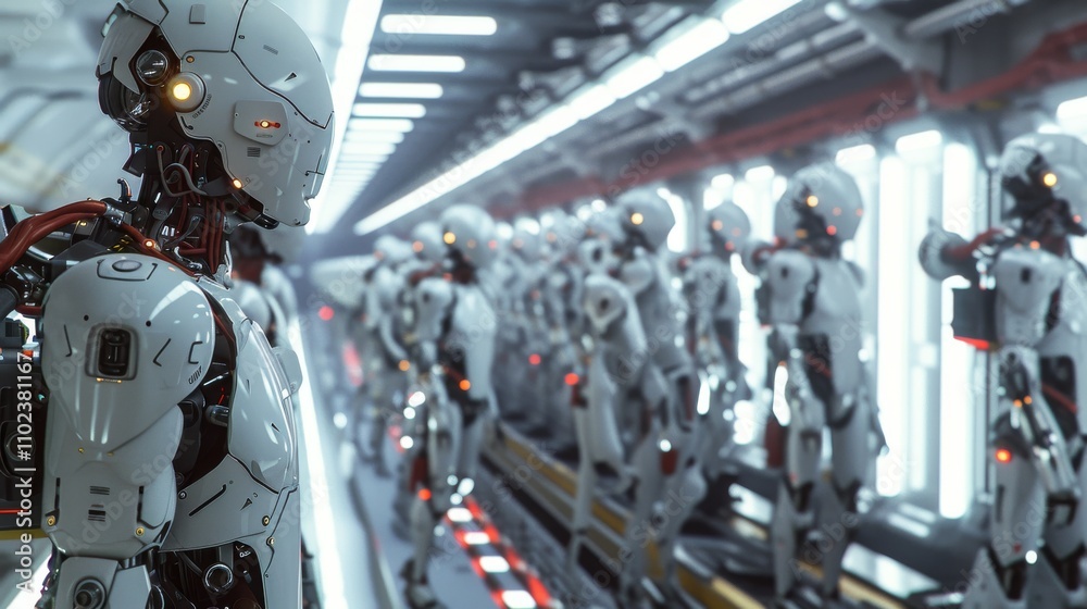 A lineup of humanoid robots in a sleek, futuristic transportation hub ...