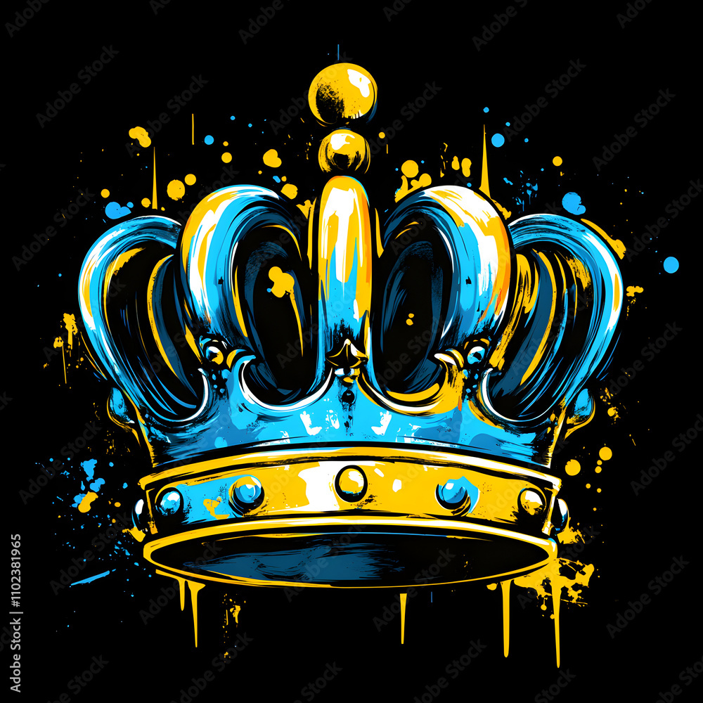 Elegant Golden and Blue Royal Crown with Splash Paint Effects in a ...