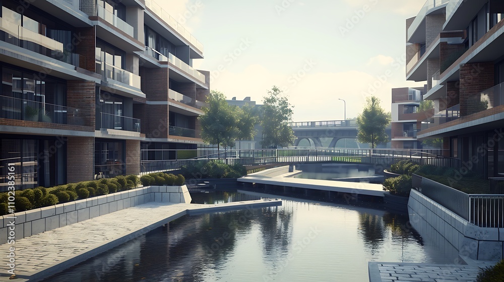 A modern residential area with views of a sleek bridge from the ...