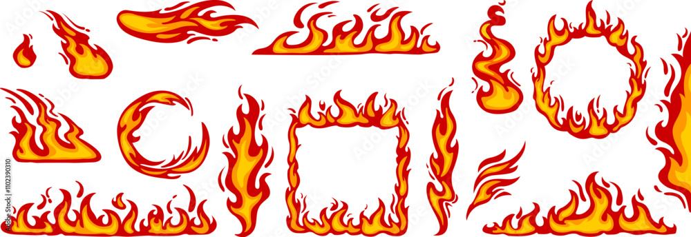 Geometric shapes burning hot frames. Cartoon red flame. Fire flames ...