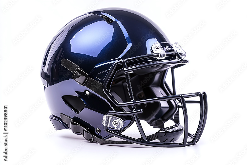 Midnight blue metallic football helmet floating on pure white ...
