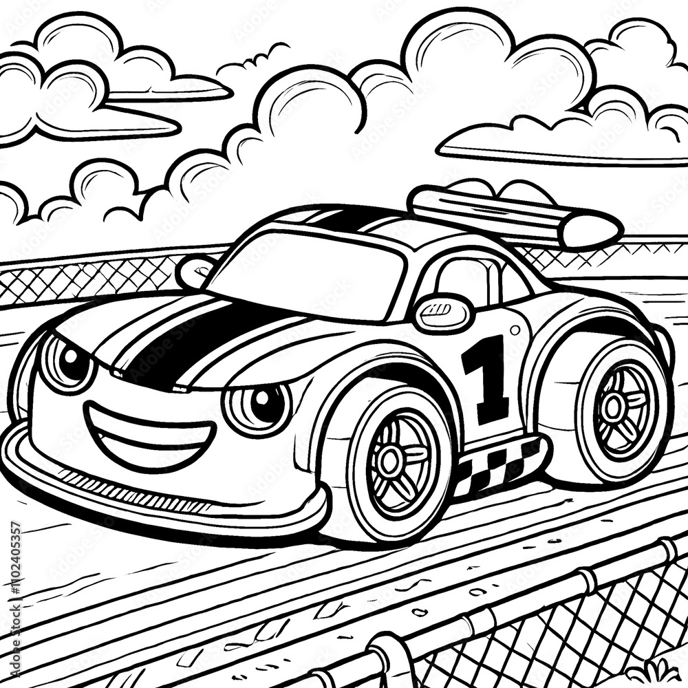Smiling race car coloring page, fun printable for kids Stock ...