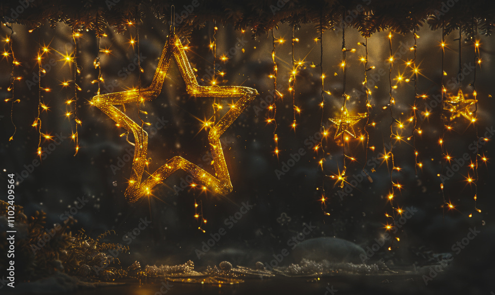 Gold star light hanging on dark background Digital illustration, white ...