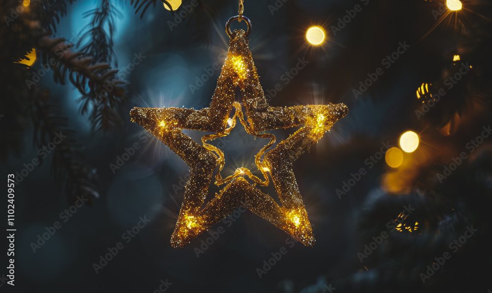 Gold star light hanging on dark background Digital illustration, white ...
