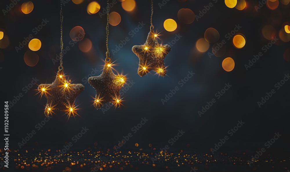 Gold star light hanging on dark background Digital illustration, white ...