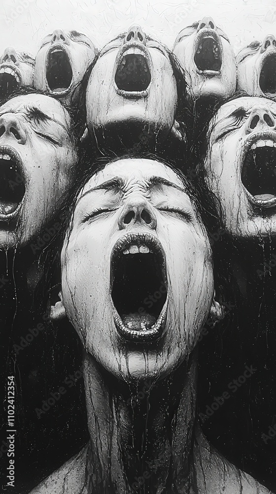 An intense abstract artwork featuring multiple monochrome faces in a ...