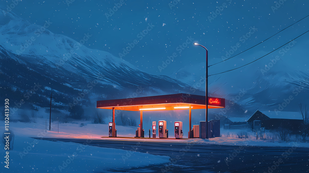 Shining gas station illuminated in the midst of snowy mountains ...