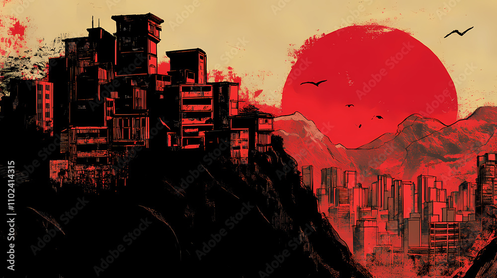 Ukiyo e style, post-apocalyptic mountain village, city skyline in the ...
