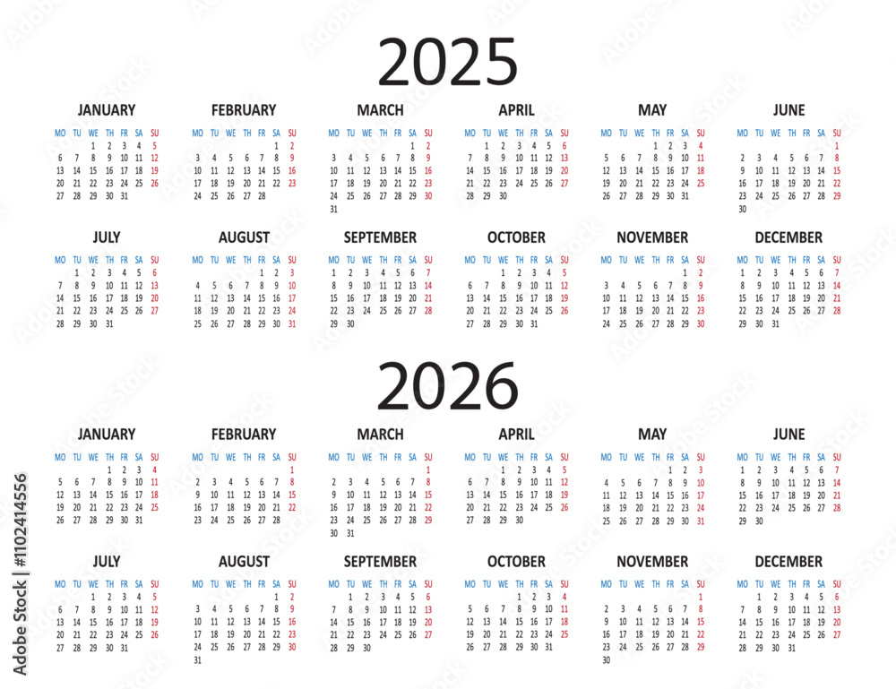 Calendar 2025 2026 years. Week starts on Monday. Simple business daily ...