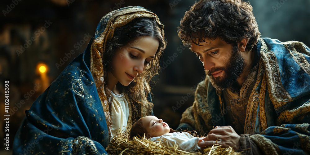 Holy family nativity Scene. Birth of Jesus Christ. Merry Christmas ...