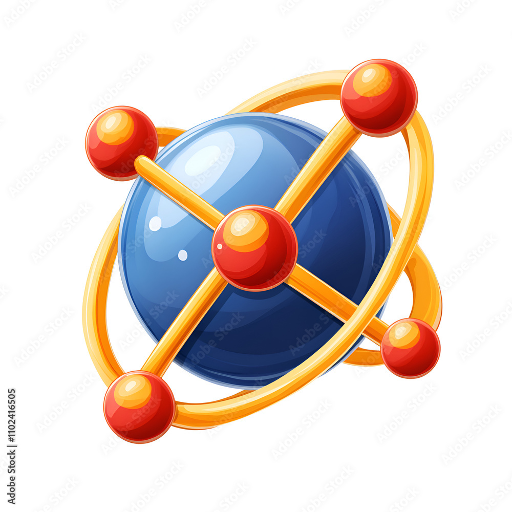 Visual Representation Of A Stylized Atom With Colorful Electrons Orbiting Around A Nucleus Stock
