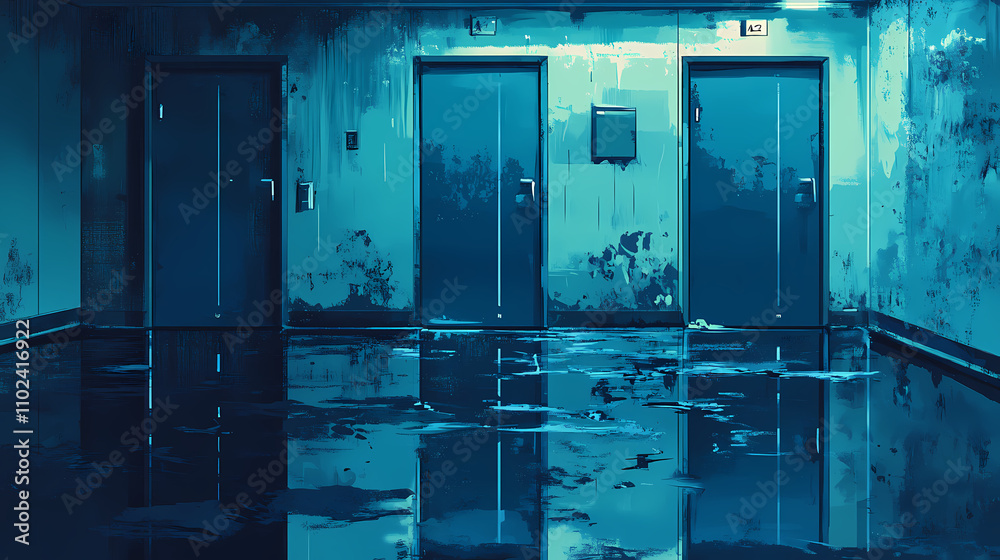 Liminal space, wet floor, blue, doors, reflection. Liminal ...