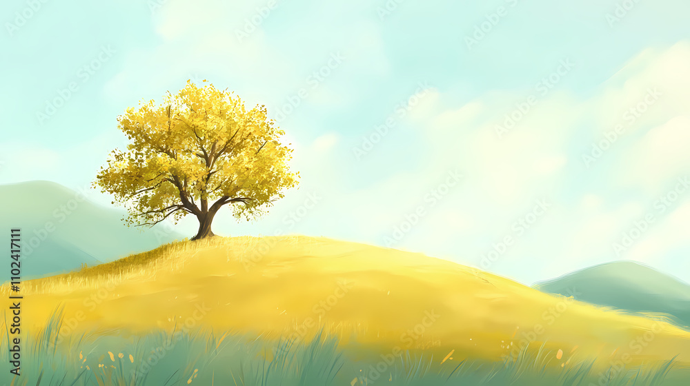 Lone tree field sky background deity golden softly lit liminal ...