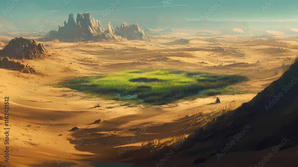 Illustration Stock Liminal lush grass oasis in the middle of an ...