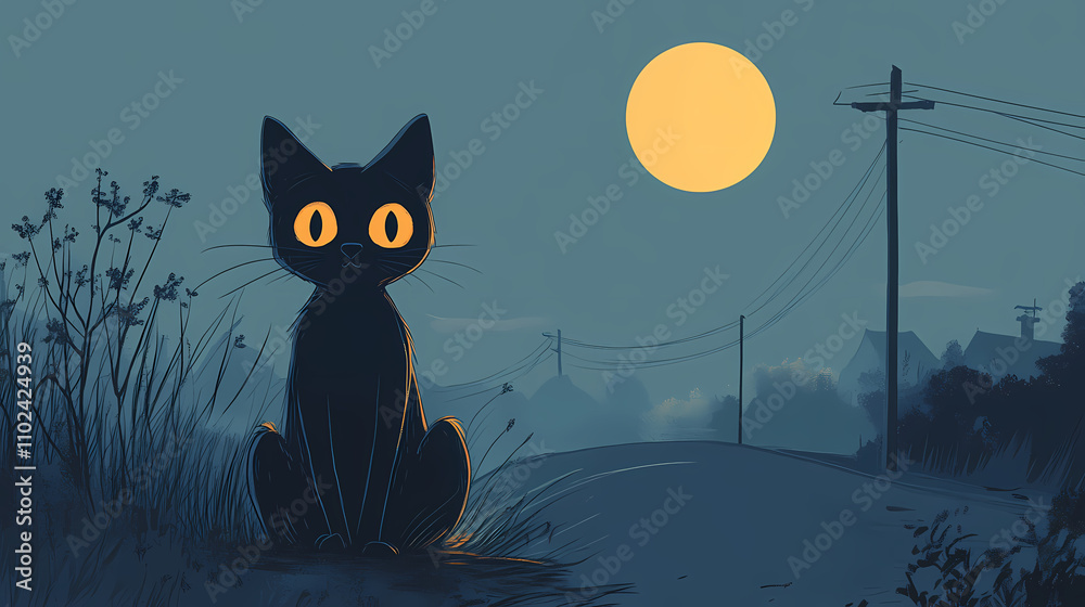 Black kitty cat kitten yellow eyes sitting hill scary end day liminal ...