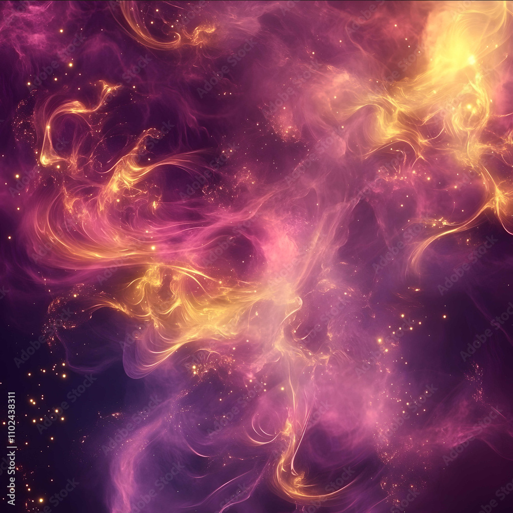 A digital art work depicting an ethereal fuchsia and gold nebula with ...