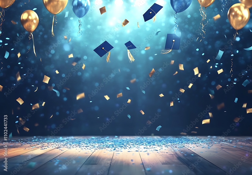 Graduation ceremony background with falling confetti, balloons and ...