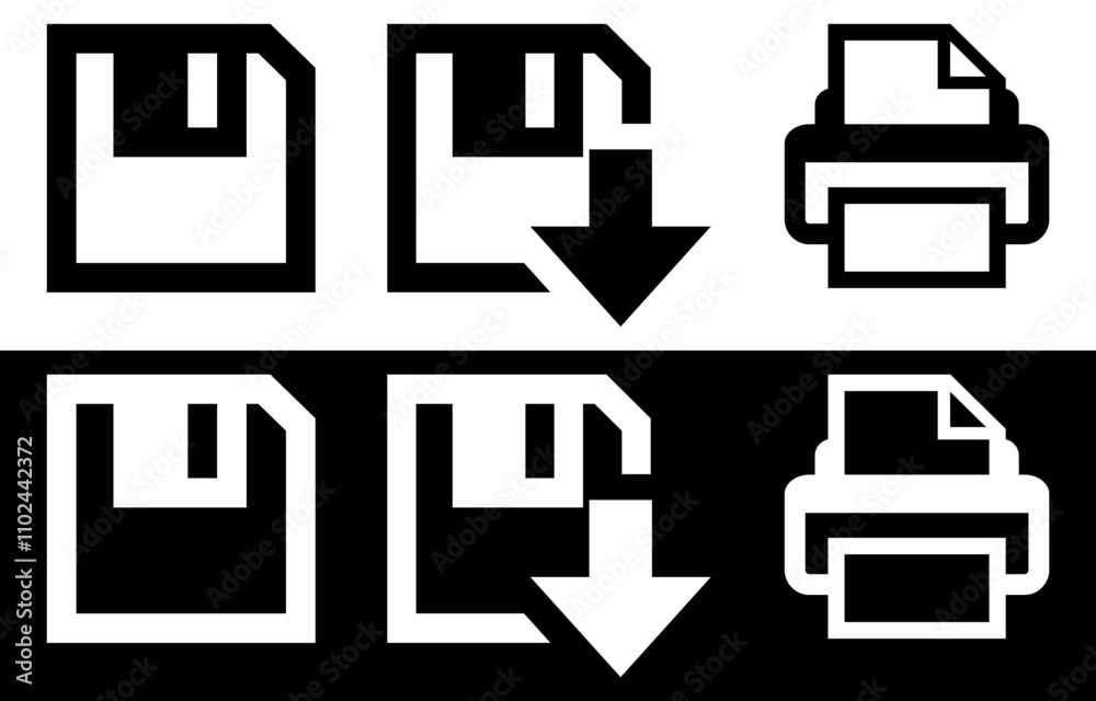 Essential File Operation Icons. Save, Download, and Print Symbols ...
