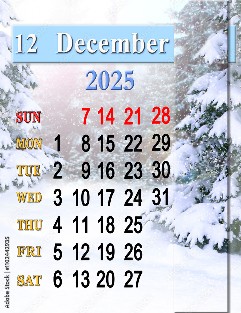 Calendar for December 2025 with photo. December planner for 2025 ...