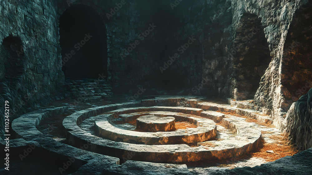 Ancient stone labyrinth in a dimly lit, mysterious chamber, exuding a ...