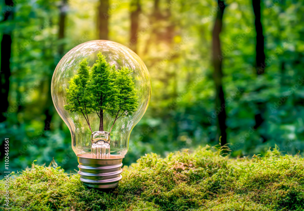 Green energy concept with a light bulb and trees inside on a natural ...