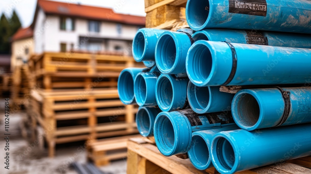 Blue PVC pipes neatly stacked on wooden pallets at a replacement site ...