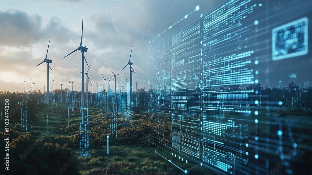 futuristic wind turbines farm or wind power plant with Scada system ...