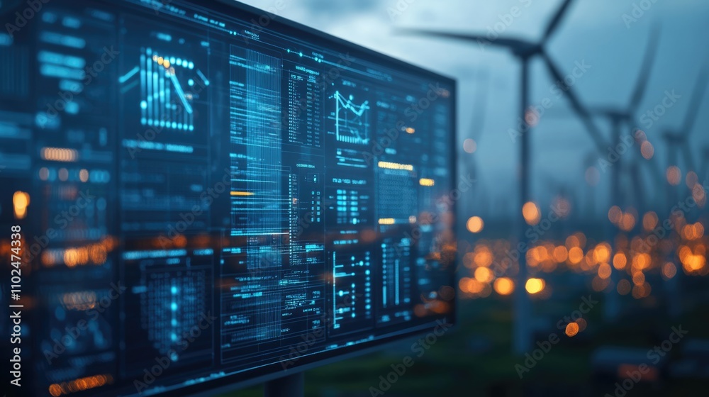 futuristic wind turbines farm or wind power plant with Scada system computer screen monitoring ...