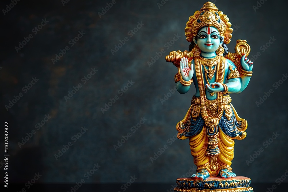 Lord vishnu narayan hindu god toy decoration isolated on black gradient ...