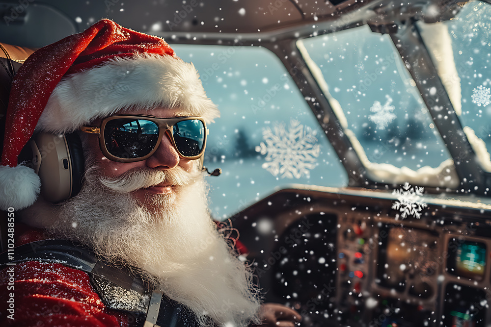 Santa Claus as a professional airline pilot in a snowy, holiday-themed ...