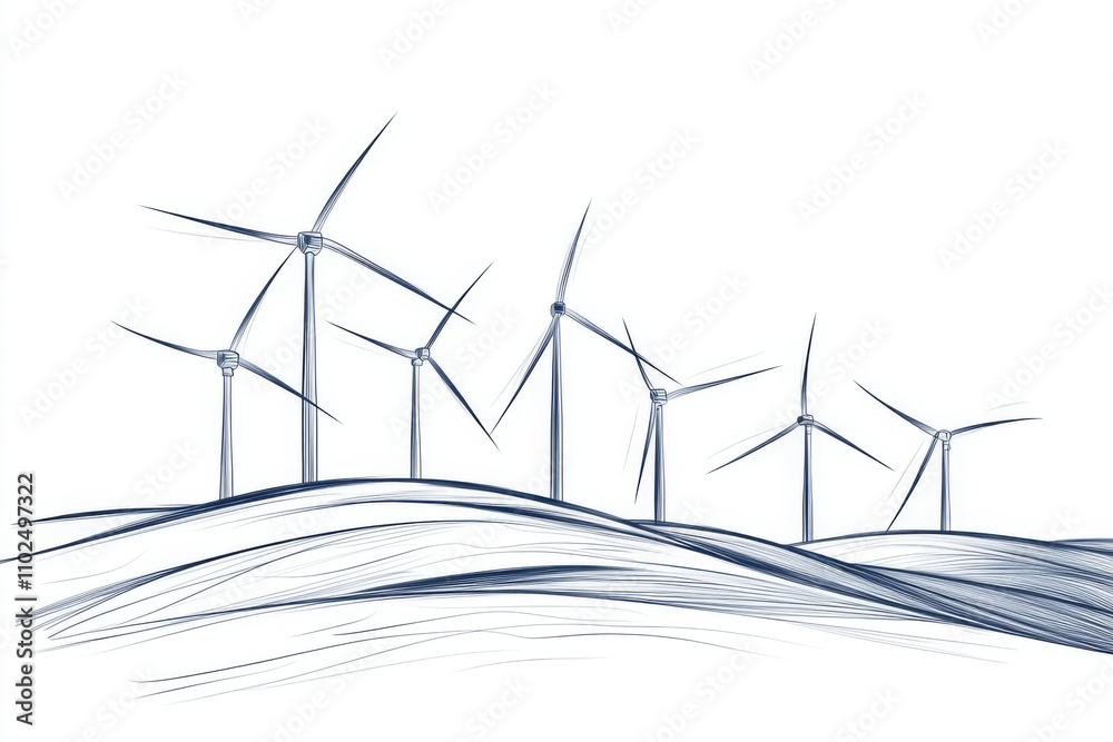 Line drawing of a wind power station, multiple wind turbines with tall ...