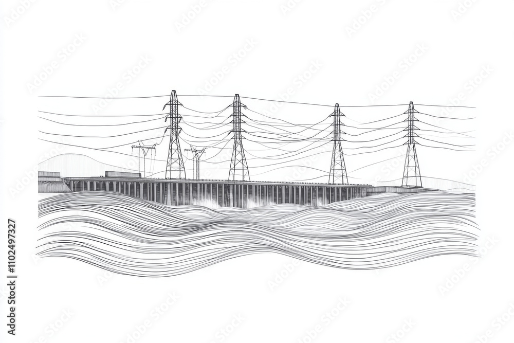 Line drawing of a hydroelectric power plant with a large dam structure ...