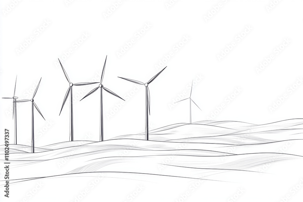 Line drawing of a wind power station, multiple wind turbines with tall ...