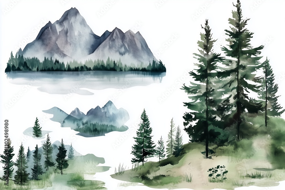 watercolor landscape clipart, mountain forest clip art, tree ...