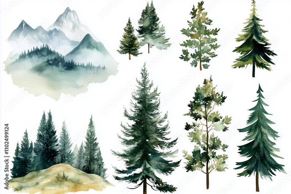 watercolor landscape clipart, mountain forest clip art, tree ...
