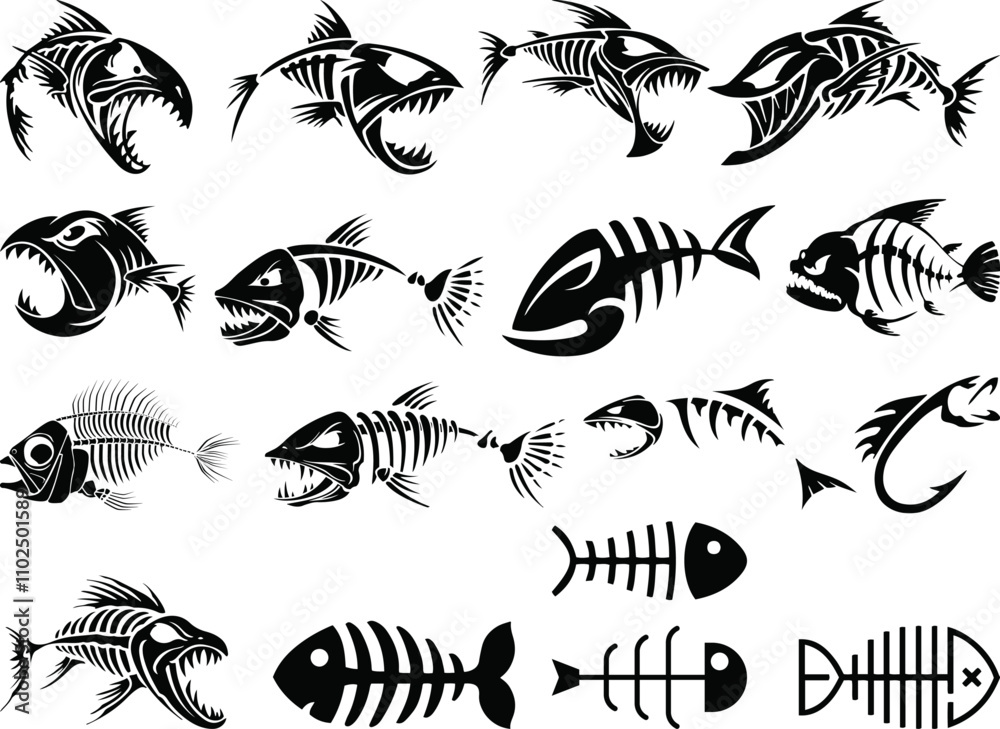 Fish Bones SVG Bundle, Dead Fish Bone Clipart, Pike Skeleton Silhouette ...