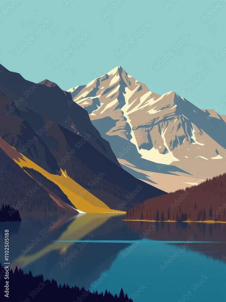 Minimalist map of Austria's mountains and lakes in a simple geometric style with contrasting ...