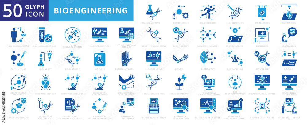 Bioengineering icon set of biomedical, bioluminescence, model, mineral ...