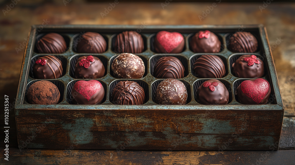 Assorted handmade chocolates arranged elegantly in a vintage box with ...