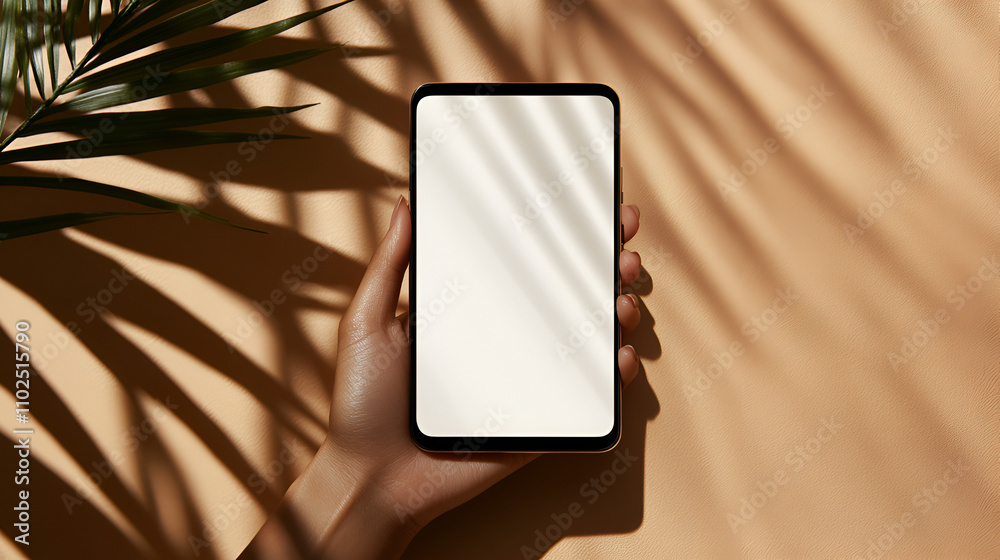 Woman hand hold smartphone mockup beauty background with shadows ...