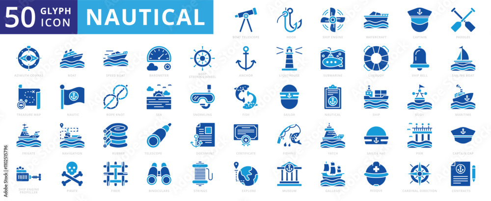 Nautical icon set with sea, navigation, ship, submarine, galleon ...