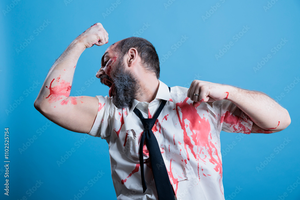 Strong actor dressed as thriller film zombie covered in blood flexing ...