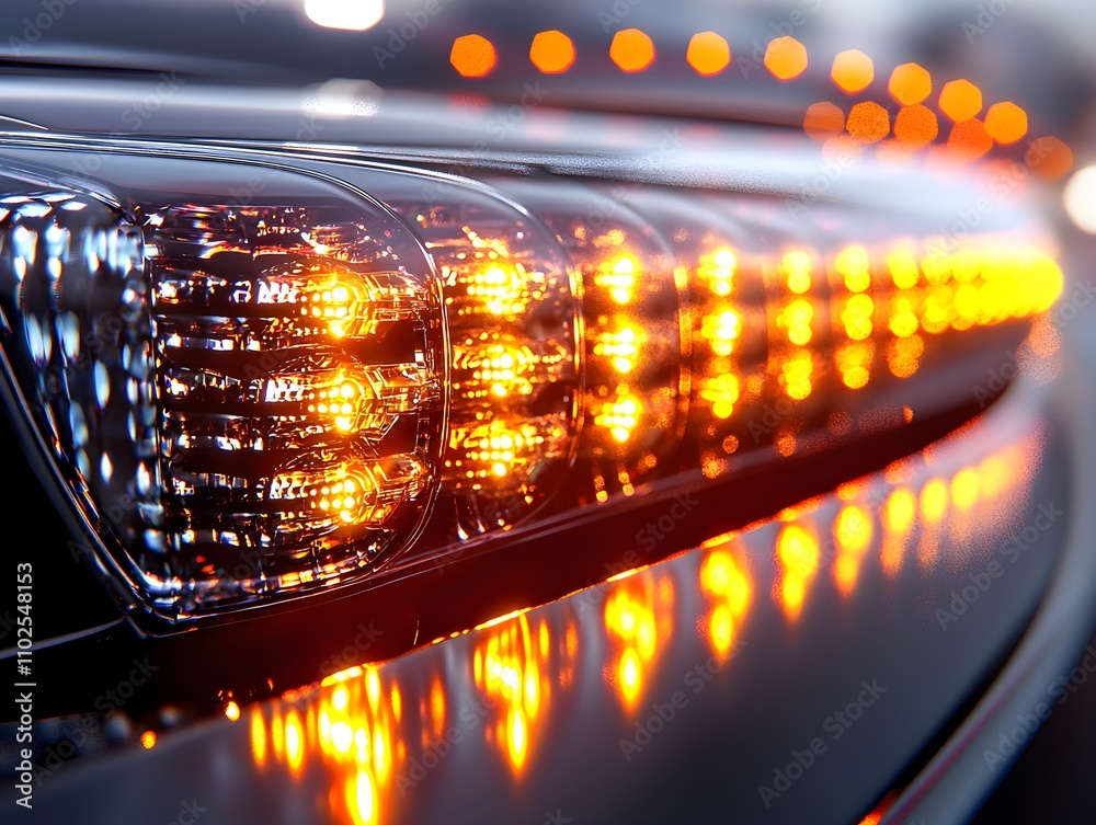 Chrome encased brake lights close-up, LED clusters glowing intensely in ...