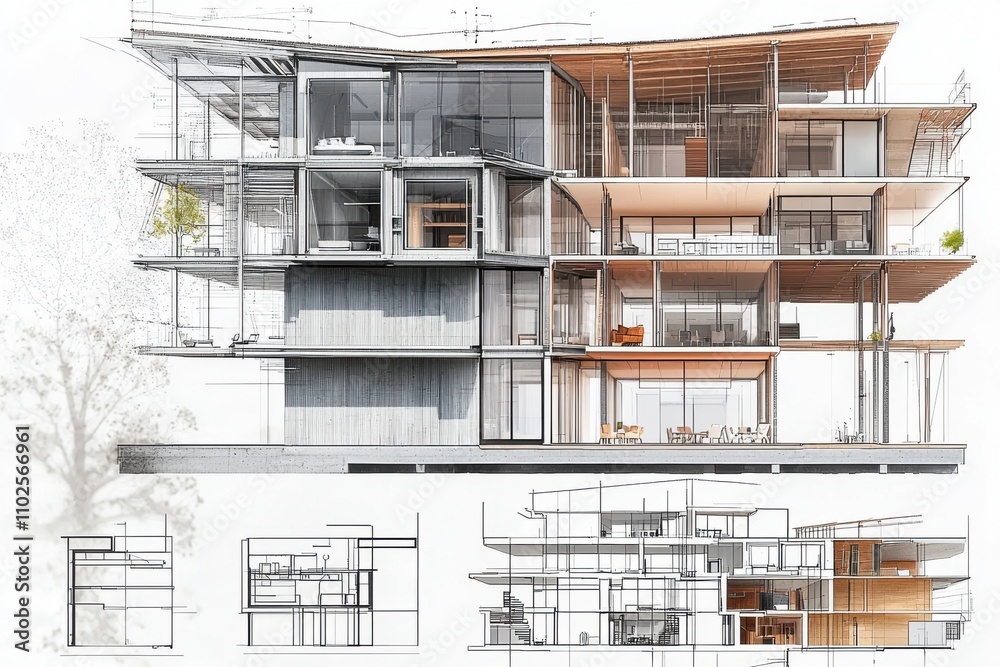 Architectural drawings, sections, elevations, and floor plans. Stock ...