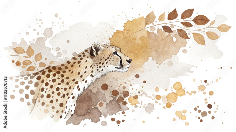 Watercolor Cheetah Profile Autumn Leaves and Splashes, Isolated on ...