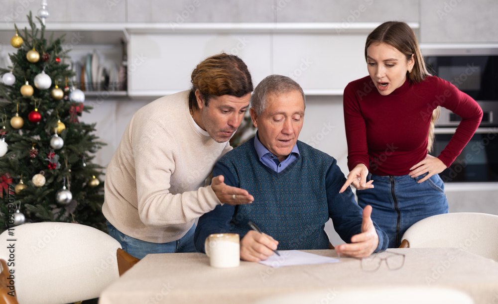 Adult children argue with each other and show their elderly father how ...